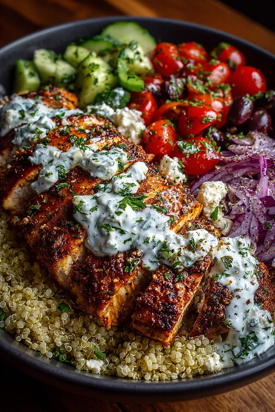 Loaded Mediterranean Chicken Power Bowl with Tzatziki & Feta